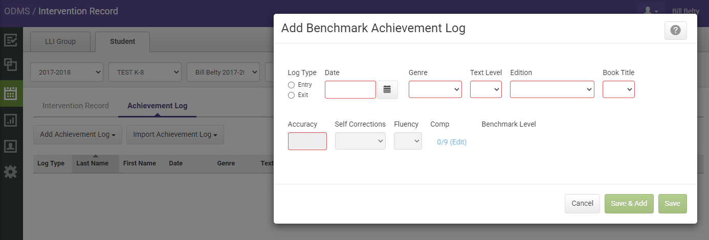 Achievement Log F&P Entry Screen Overview in Heinemann Fountas ...