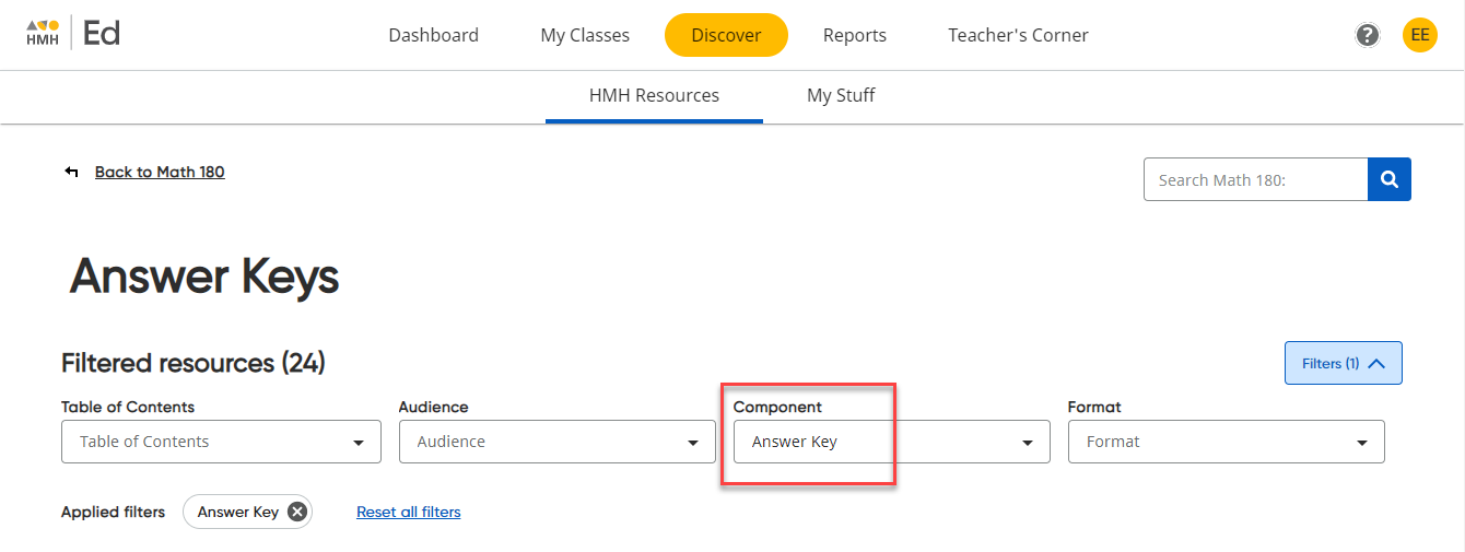 Locating the Math 180 on HMH Ed Success Zone Answer Keys