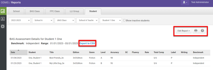 Student BAS Assessment Details Report Overview with Heinemann Fountas ...